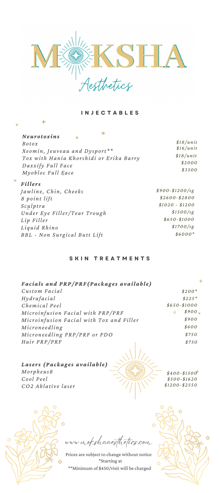Pricing Menu - Moksha Aesthetics Med Spa